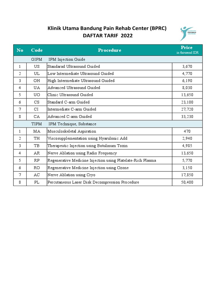 Daftar Tarif Klinik Utama BPRC (Benar) Rev | PDF | Medical Specialties ...