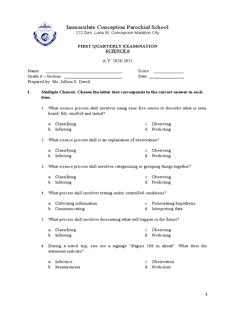 Results of the First Quarterly Examination for Grade 6 Science Students ...