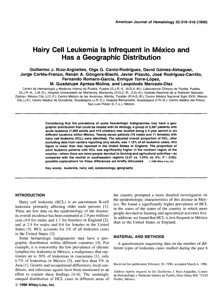 Hairy Cell Leukemia Is Infrequent in México and Has A Geographic ...
