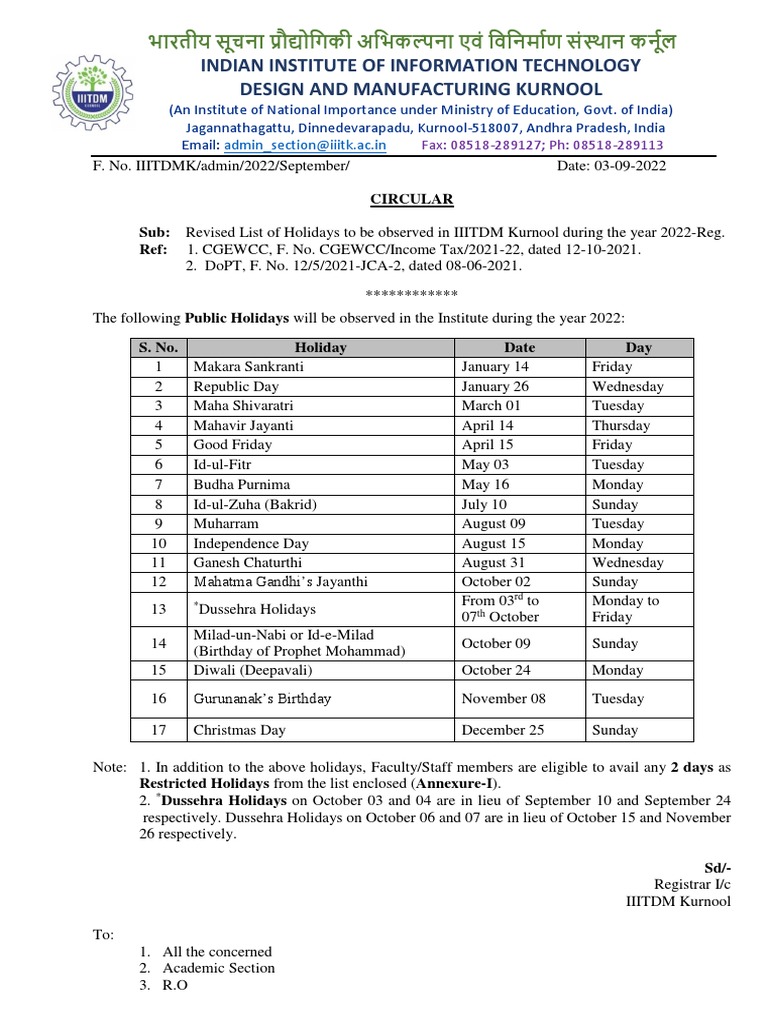 Revised List of Holidays 2022 | PDF | Public Holiday | Indian Religions