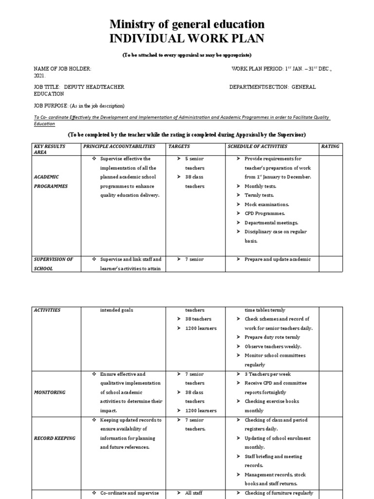 Individual Work Plan Deputy Head | PDF | Teachers | Learning