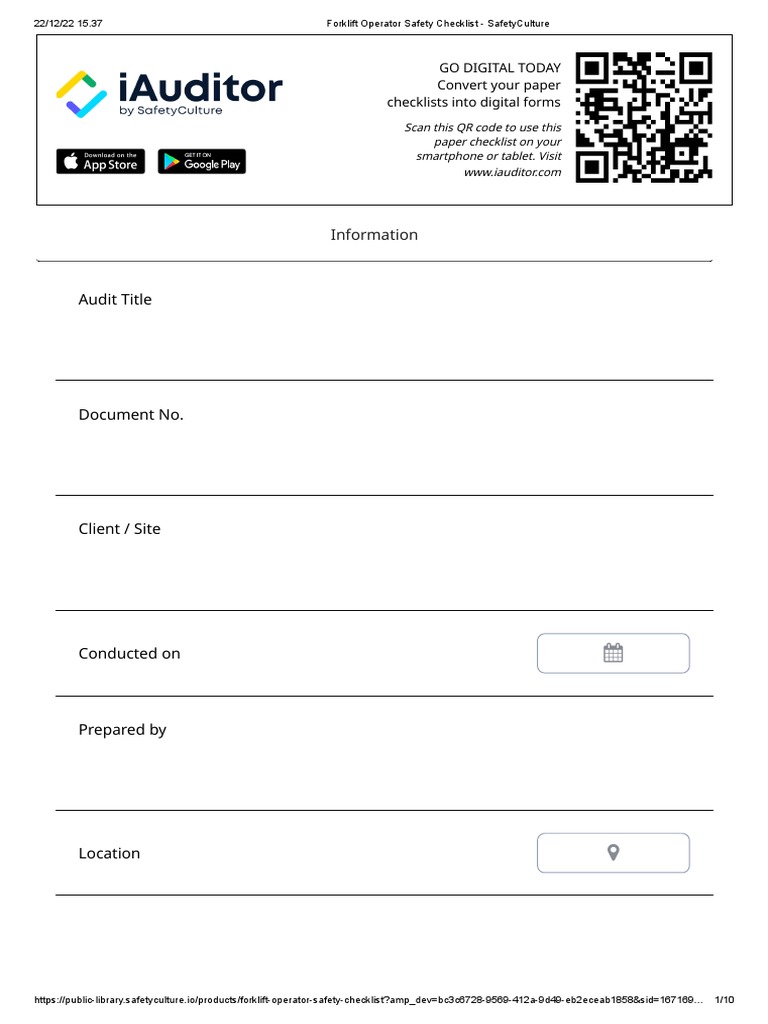 Forklift Operator Safety Checklist Safetyculture Pdf Forklift