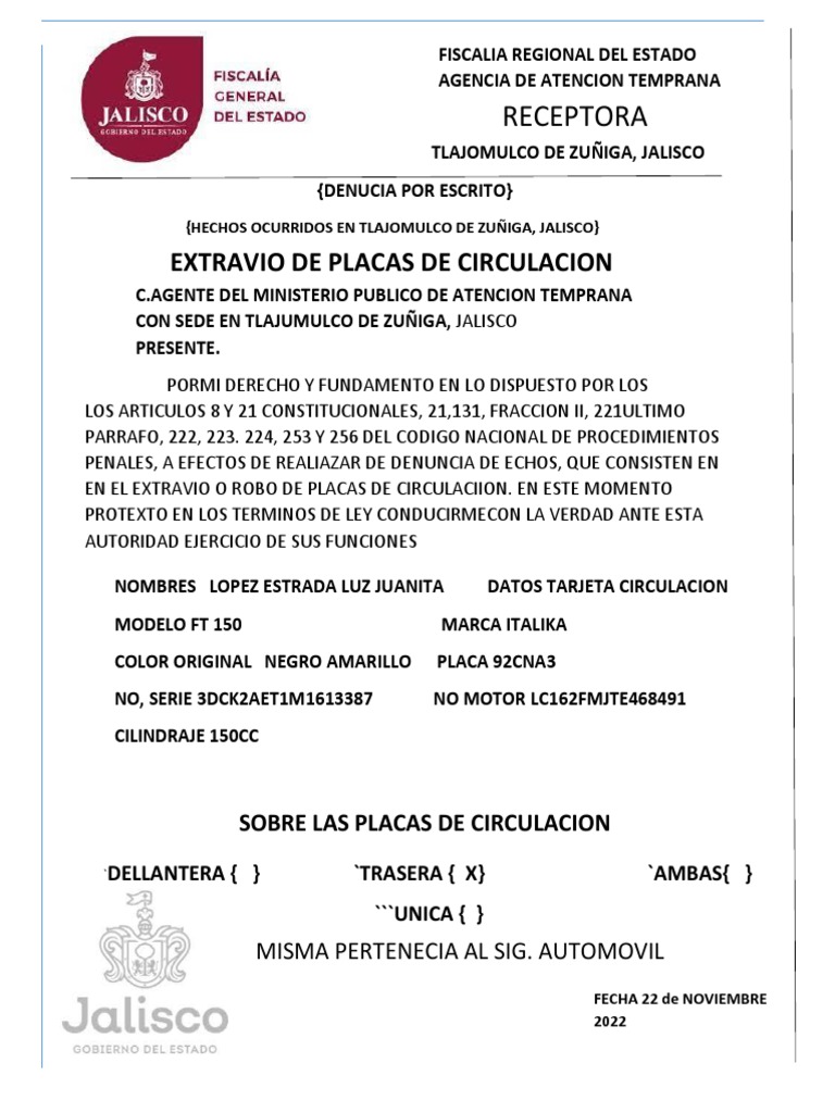 Extravio De Placa Pdf