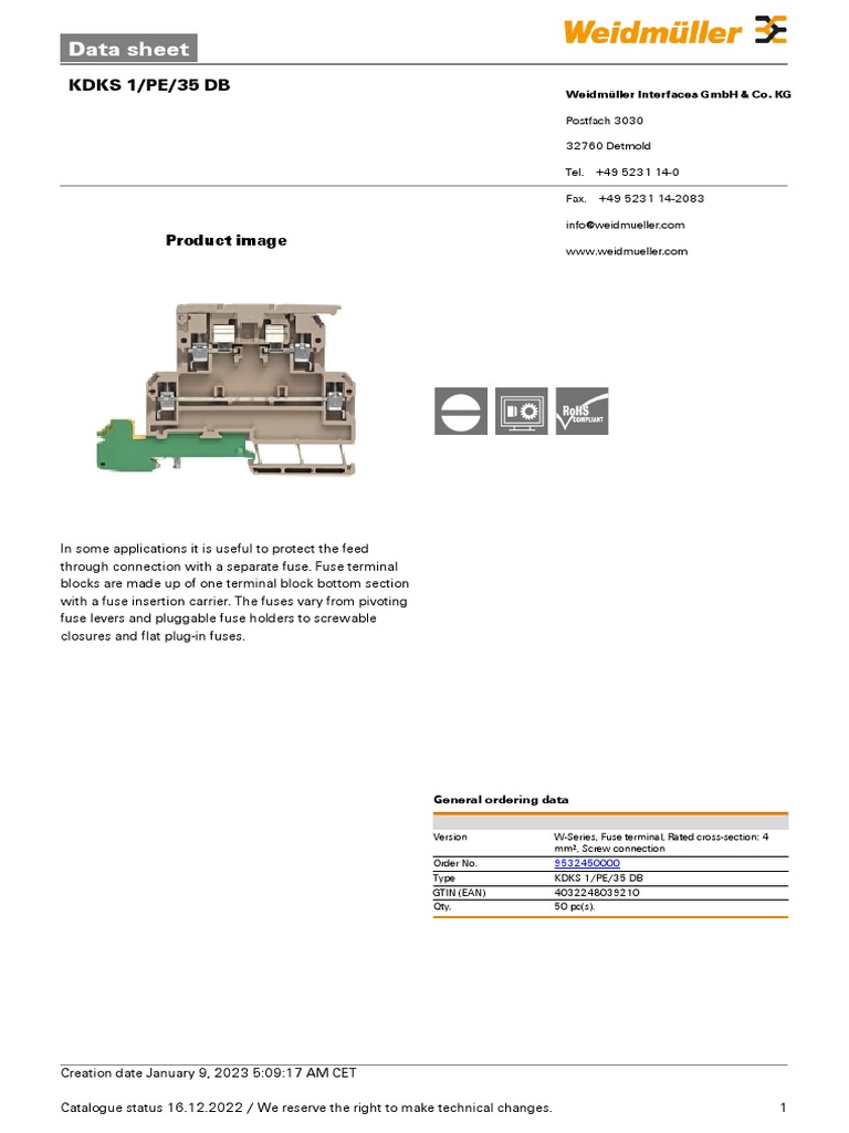 Weidmüller KDKS 1/PE/35 DB fuse terminal block data sheet | PDF ...