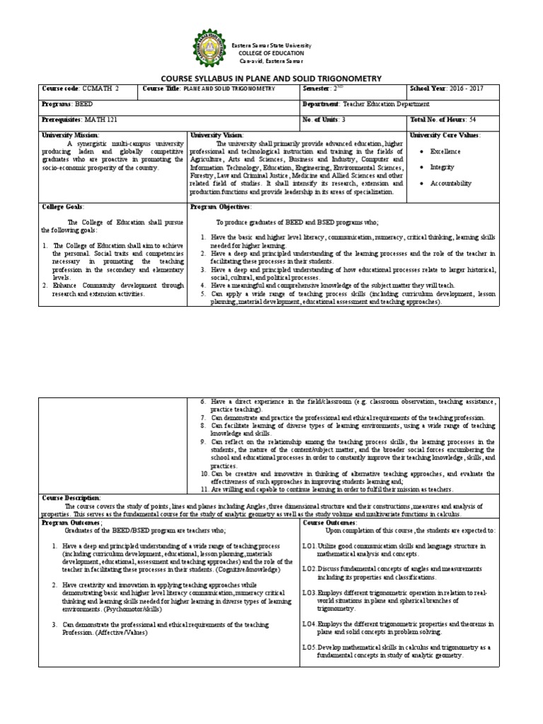 Syllabus in Trigonometry | PDF | Teaching Method | Trigonometric Functions