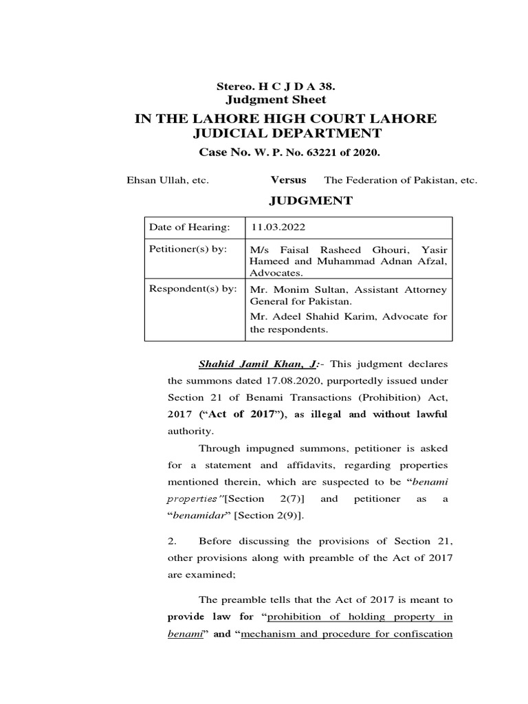 2022LHC5600-Shahid Jamil-Benami Applied Retroactively | PDF | Summons ...