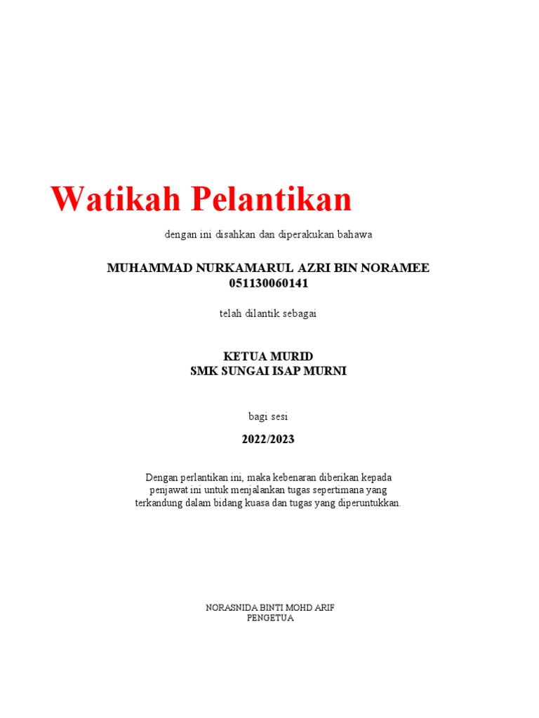Templet Sijil Pelantikan Pemimpin Murid Takda Logo | PDF