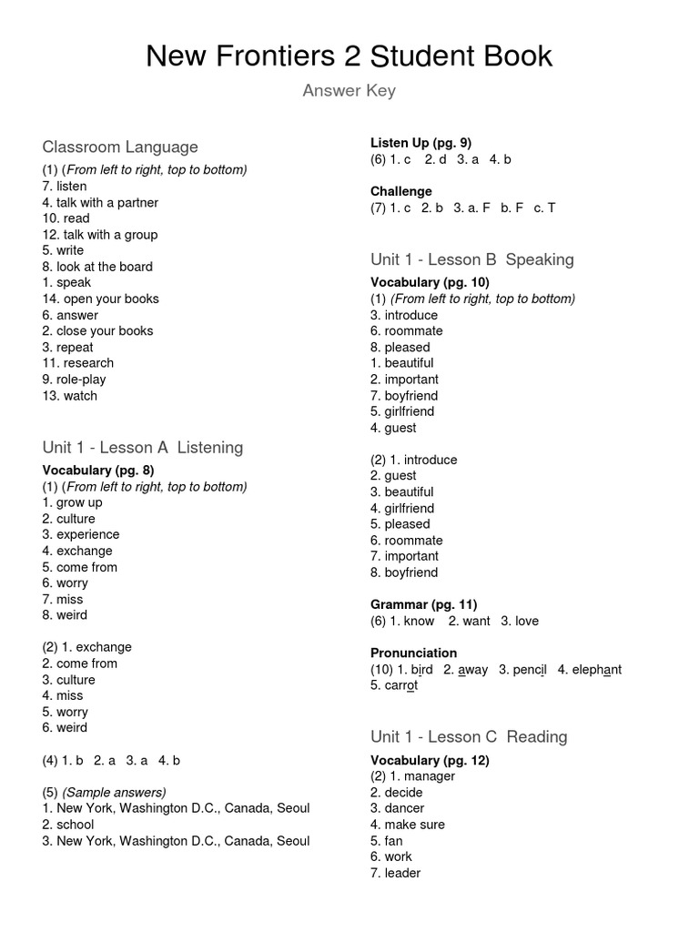 New Frontiers - 2 - Student - Book - Answer - Key | PDF | Hand ...