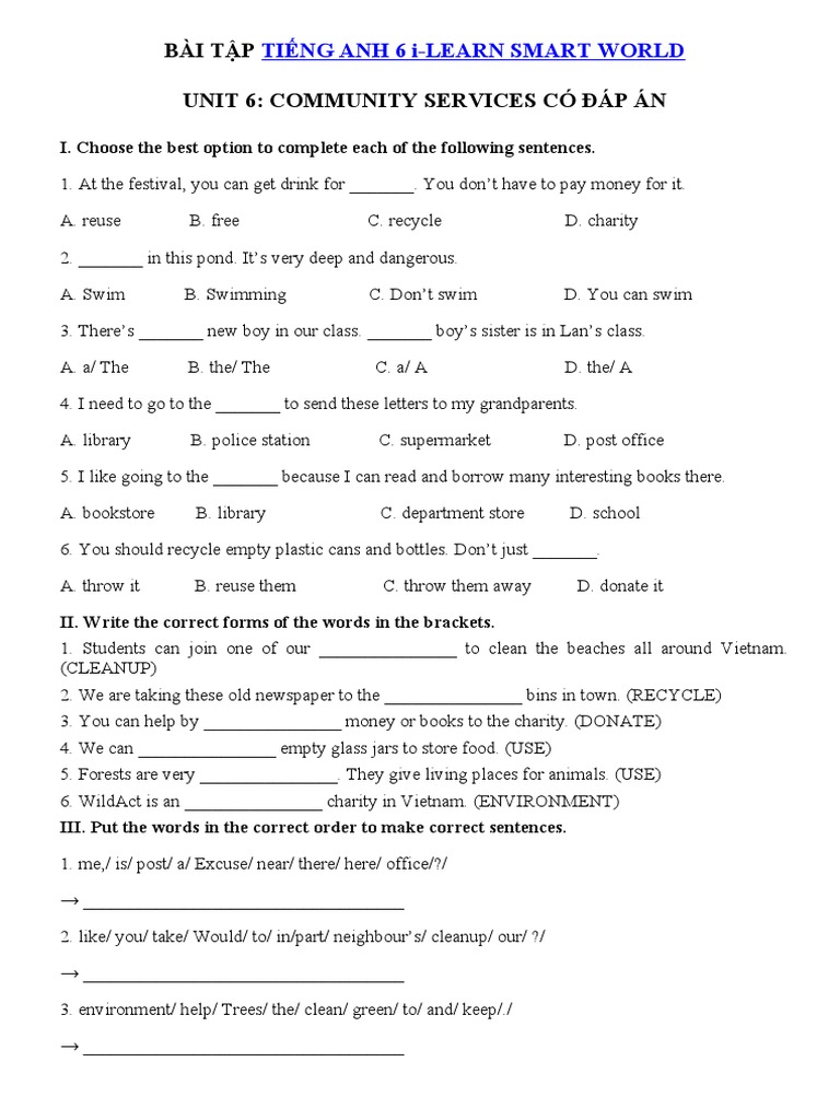 Bai Tap I Learn Smart World 6 Unit 6 Community Services | PDF | Materials