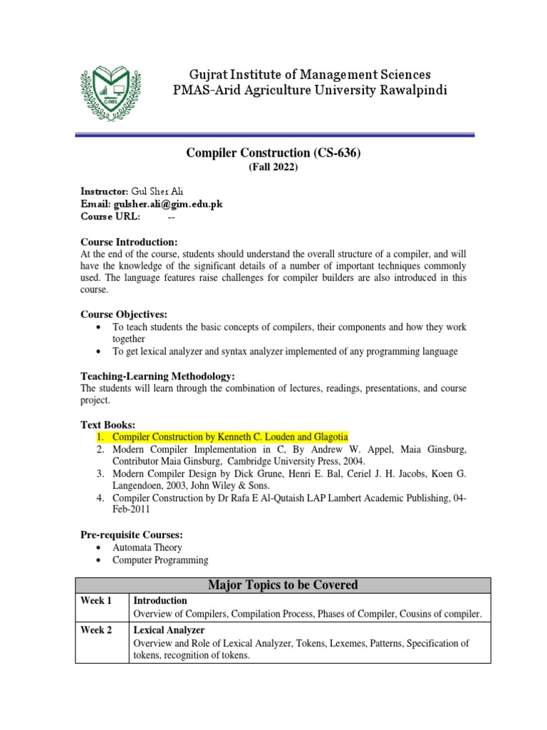 CS-636 Compiler Construction Outline | PDF | Parsing | Compiler