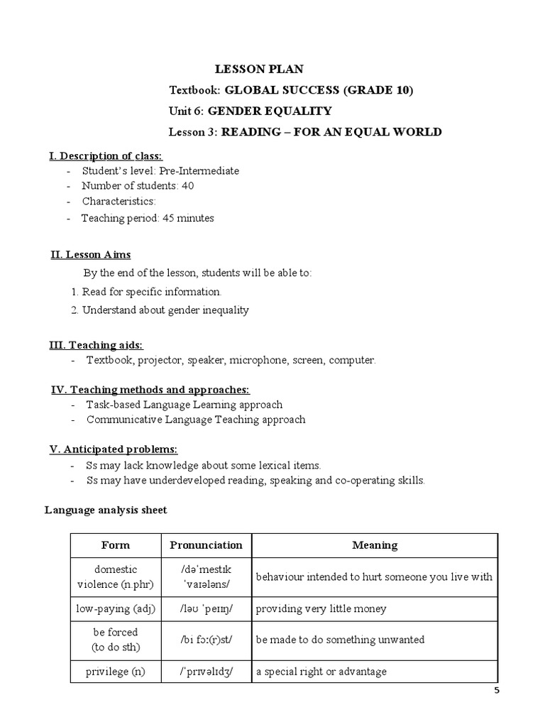 Gender Equality Reading Lesson | PDF | Lesson Plan | Equal Pay For ...