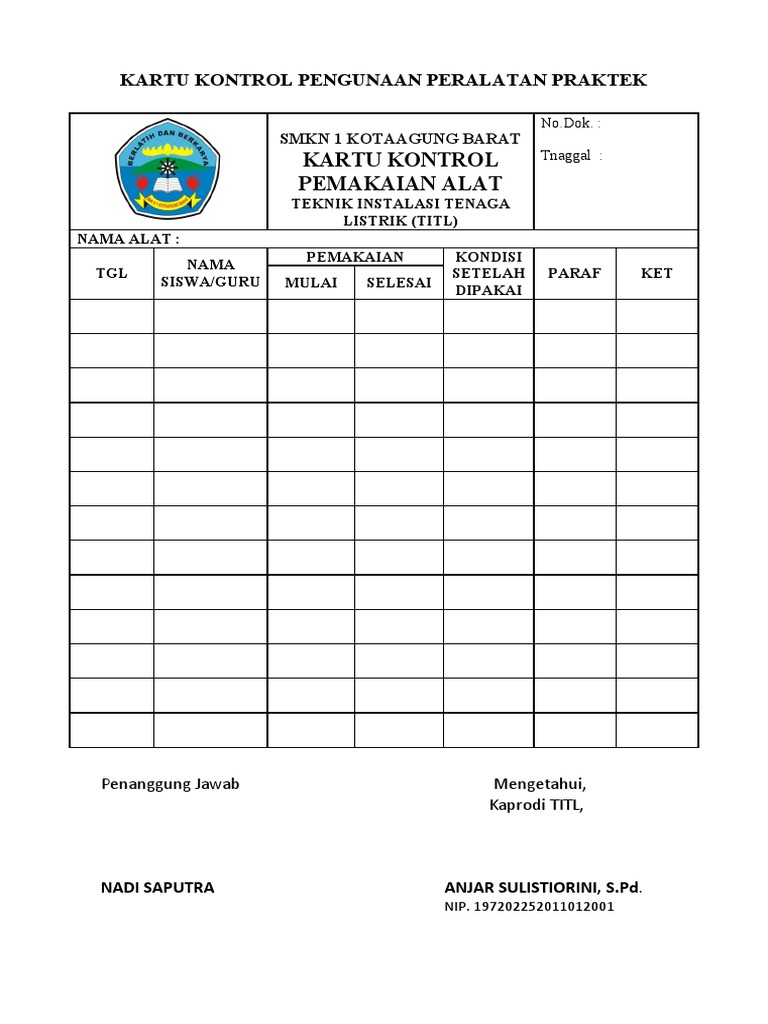 Kartu Kontrol Penggunaan Alat Praktek | PDF