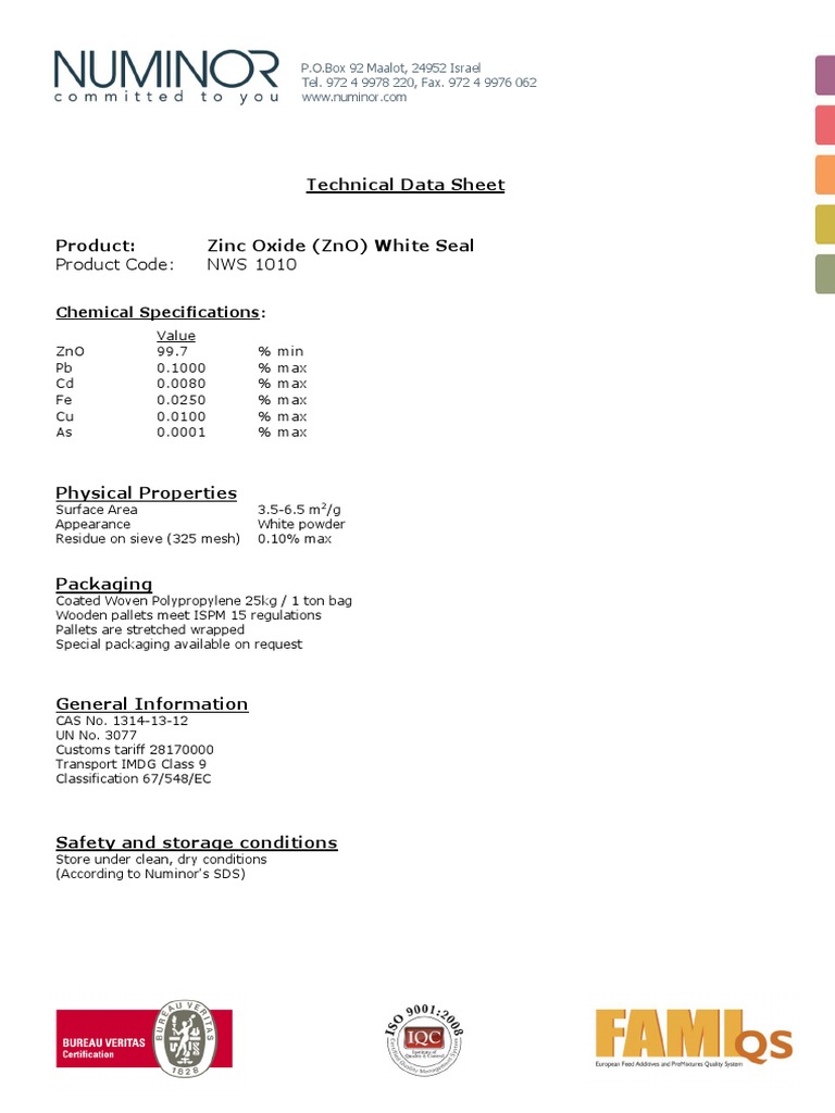 Technical Data Sheet Product Zinc Oxide Zno White Seal | PDF