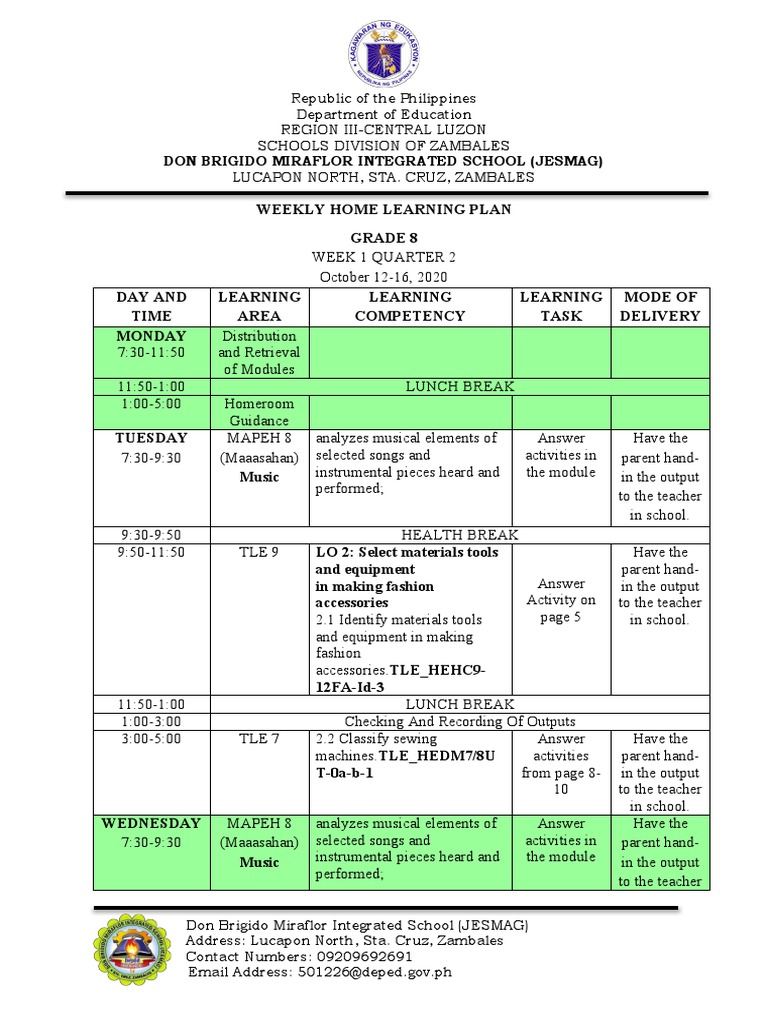 Weekly Home Learning Plan Grade 8: Don Brigido Miraflor Integrated School (Jesmag) | PDF