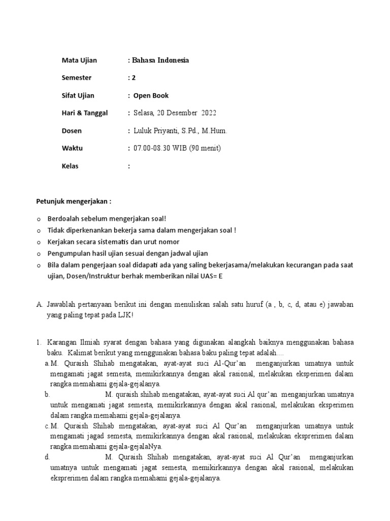 Soal Latihan UAS B.Indo 2021 2022 LULUK | PDF
