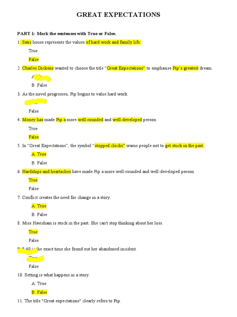 Great Expectations Quiz Guide | PDF | Great Expectations | Estella ...