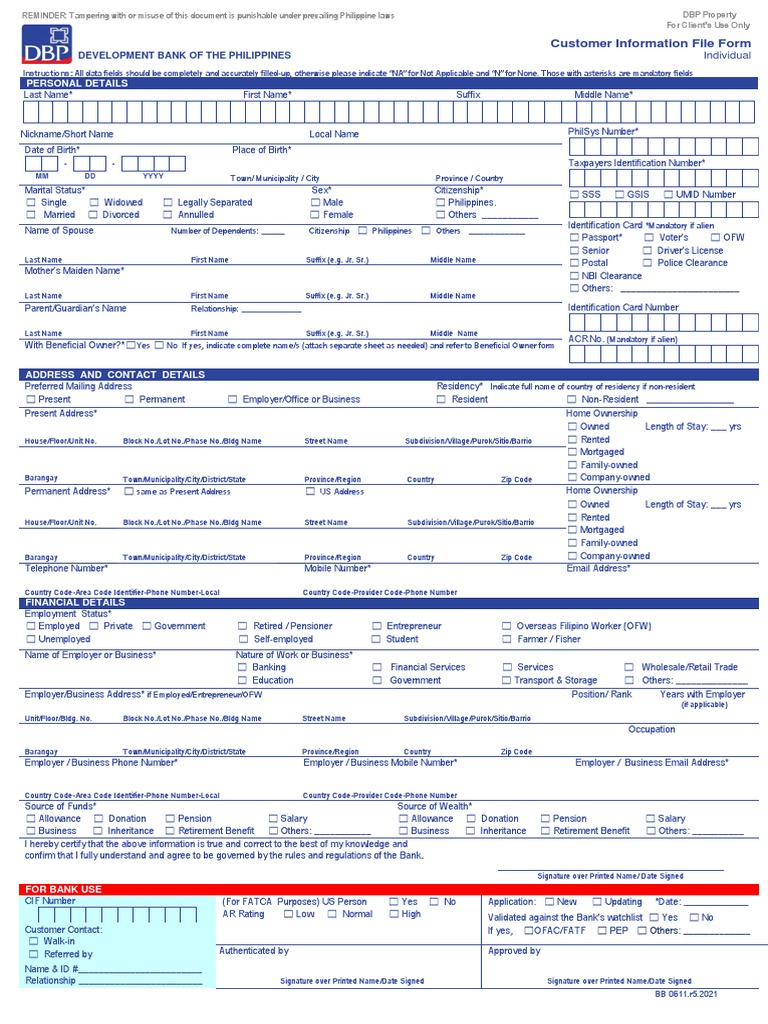 DBP Customer Information File Form | PDF | Identity Document
