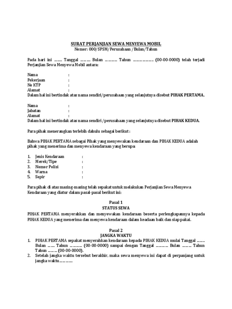 Draft Surat Perjanjian Sewa Mobil | PDF