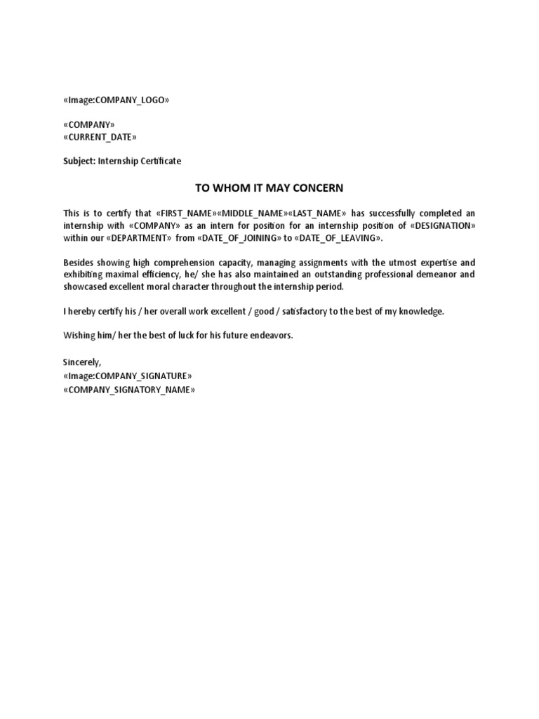 To Whom It May Concern: Subject: Internship Certificate | PDF