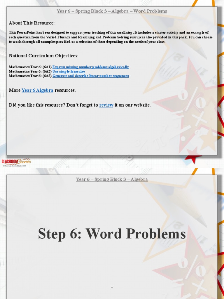Year 6 Spring Block 3 Step 6 PPT Word Problems | PDF | Equations | Algebra