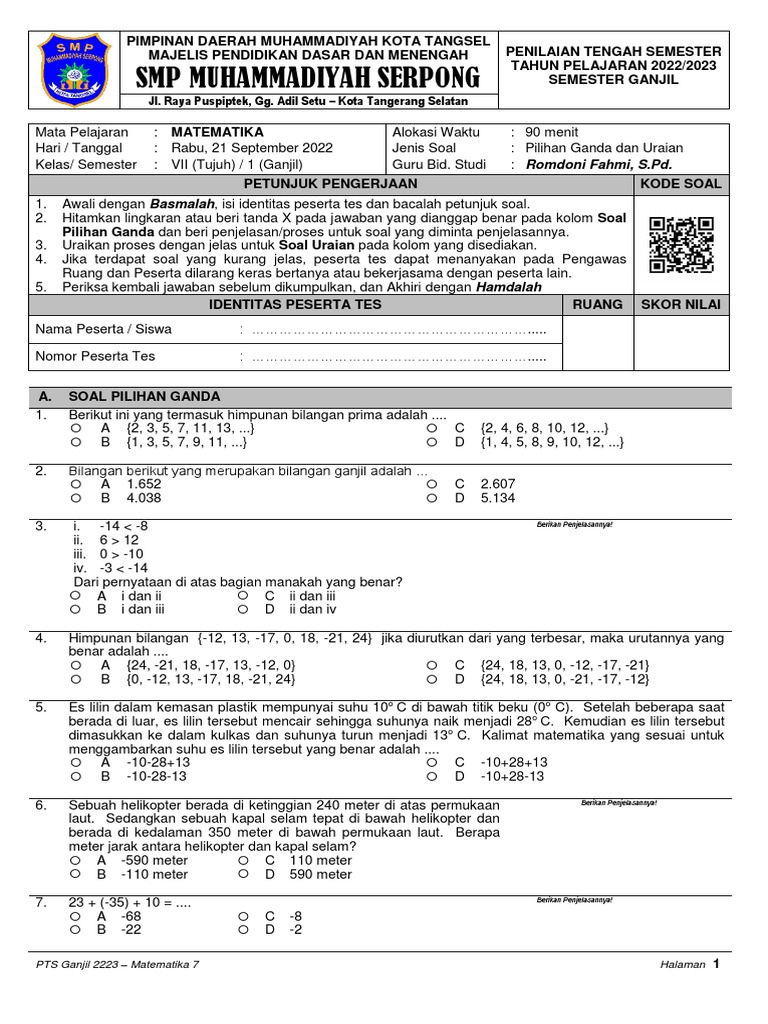 Soal PTS Ganjil 2223 (MTK7) | PDF