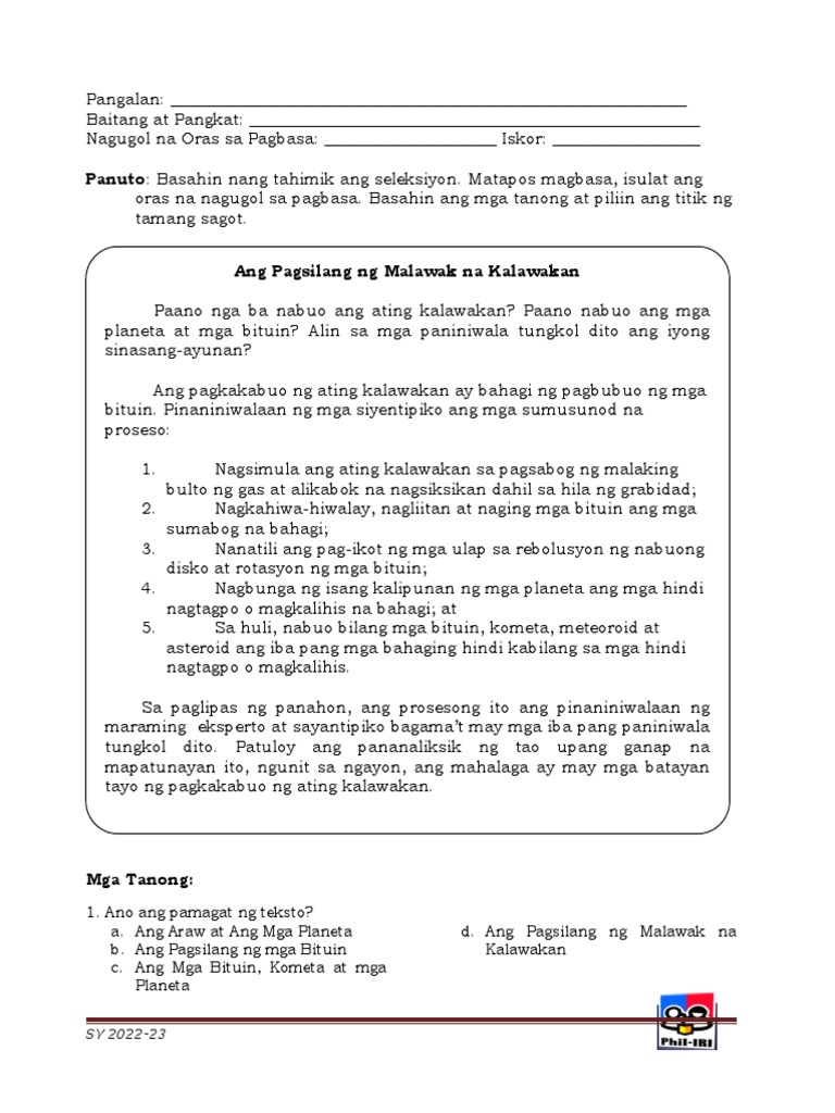 Gr. 6 Ang Pagsilang NG Malawak Na Kalawakan Post 2012 | PDF