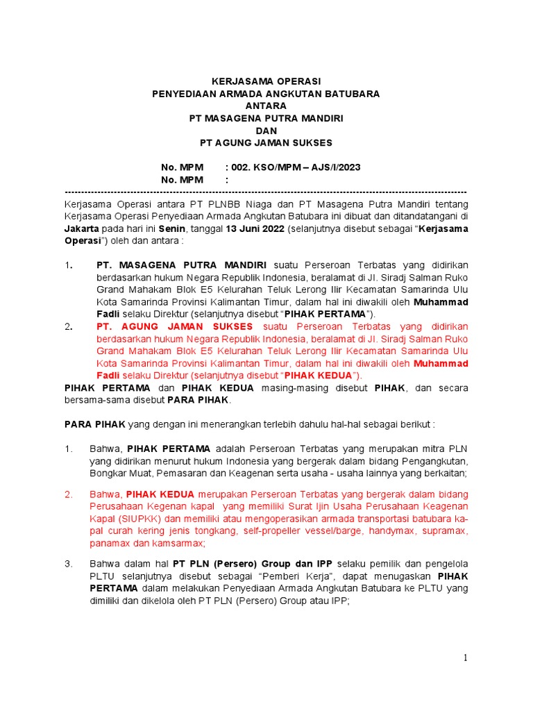 Draft Kontrak Kso MPM - Ajs | PDF