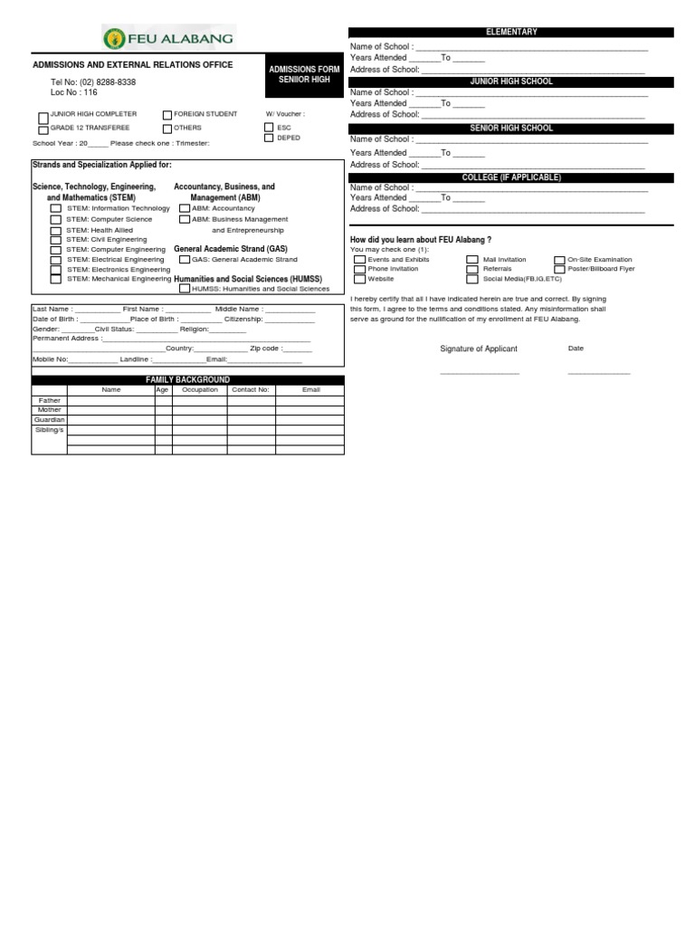 FEU A SHS Admission Forms | PDF | Science, Technology, Engineering, And ...