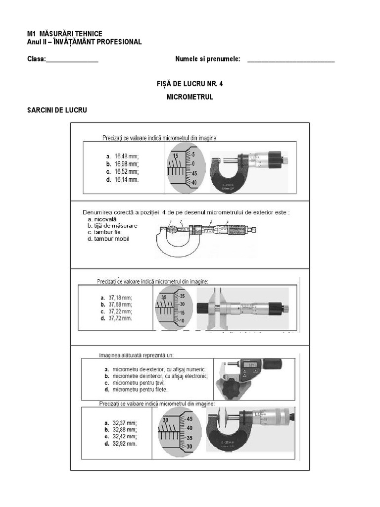 1 m1 Fisa de Lucru Micrometrul | PDF