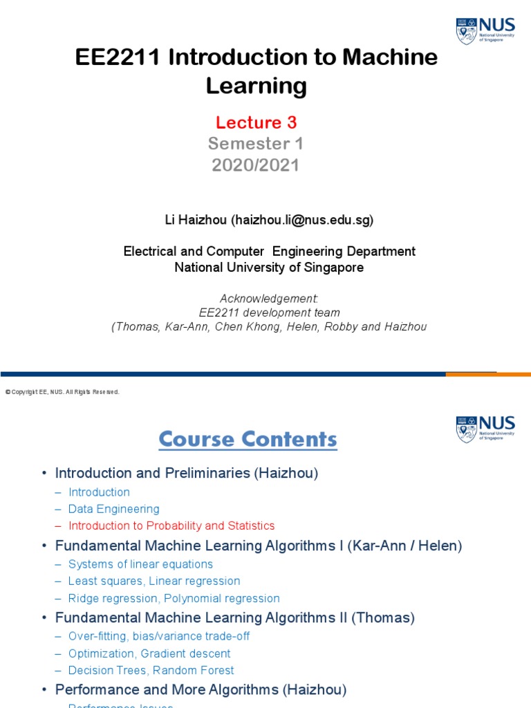 EE2211 Lecture 3 | PDF | Probability Distribution | Random Variable