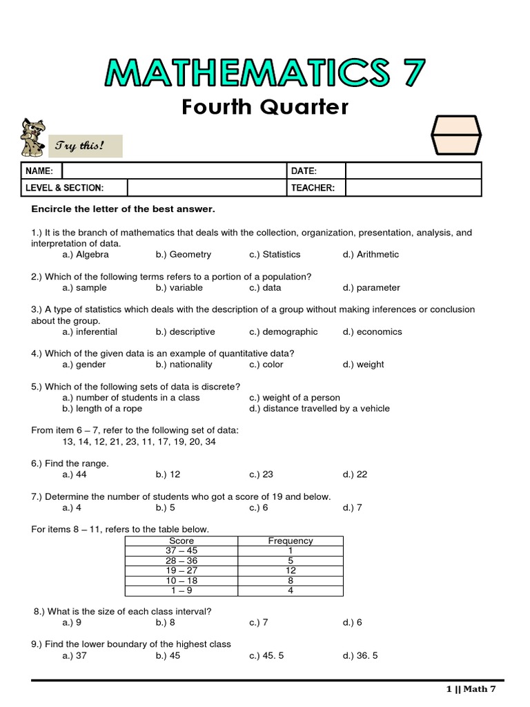 4th Quarter Mathematics 7 | PDF | Statistics | Cost Of Living