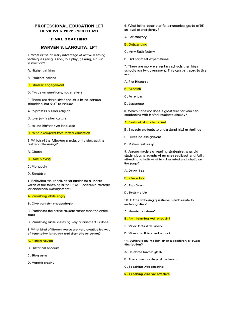 PROF ED 2022 LET REVIEWER M. Languita | PDF | Teachers | Educational ...