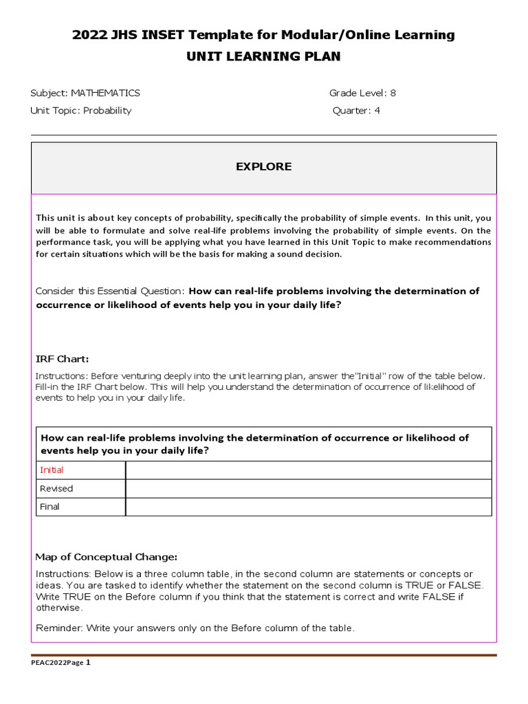 Unit Learning Plan Pdf Sampling Statistics Probability