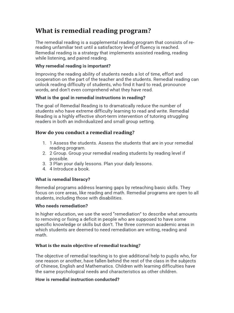 Remedial Reading Program Pdf Teaching Method Reading Comprehension