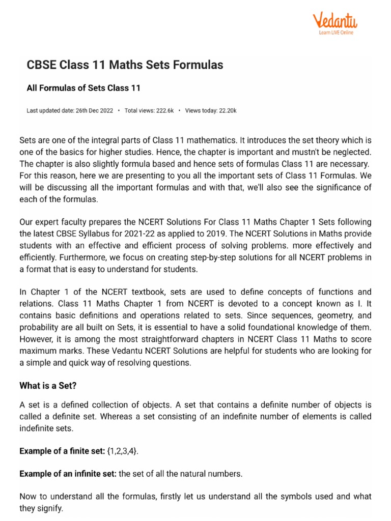 CBSE Class 11 Maths Sets Formulas | PDF
