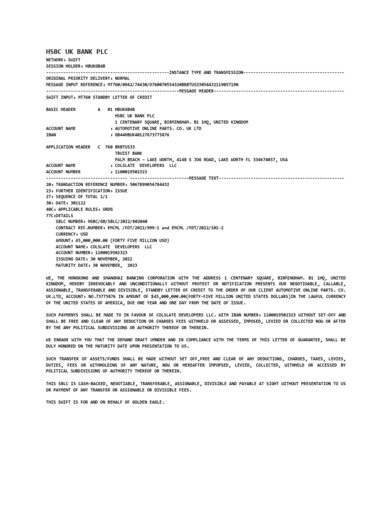 MT760 SBLC Interbank SWIFT Copies - 221201 - 093335 | PDF | Letter Of Credit | Banking