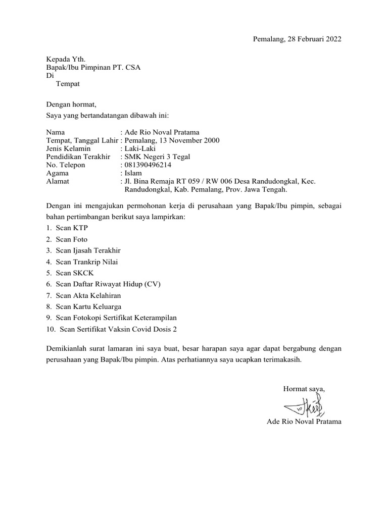 SURAT LAMARAN PT. CSA-dikompresi | PDF