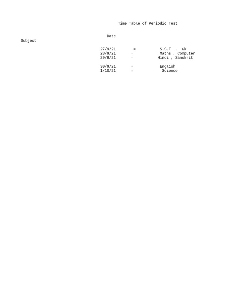 Time Table of Periodic Test | PDF | Science & Mathematics