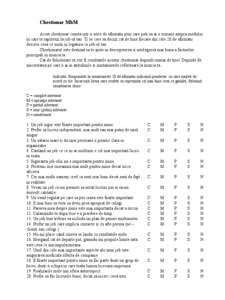 Chestionar Motivatie MBM | PDF