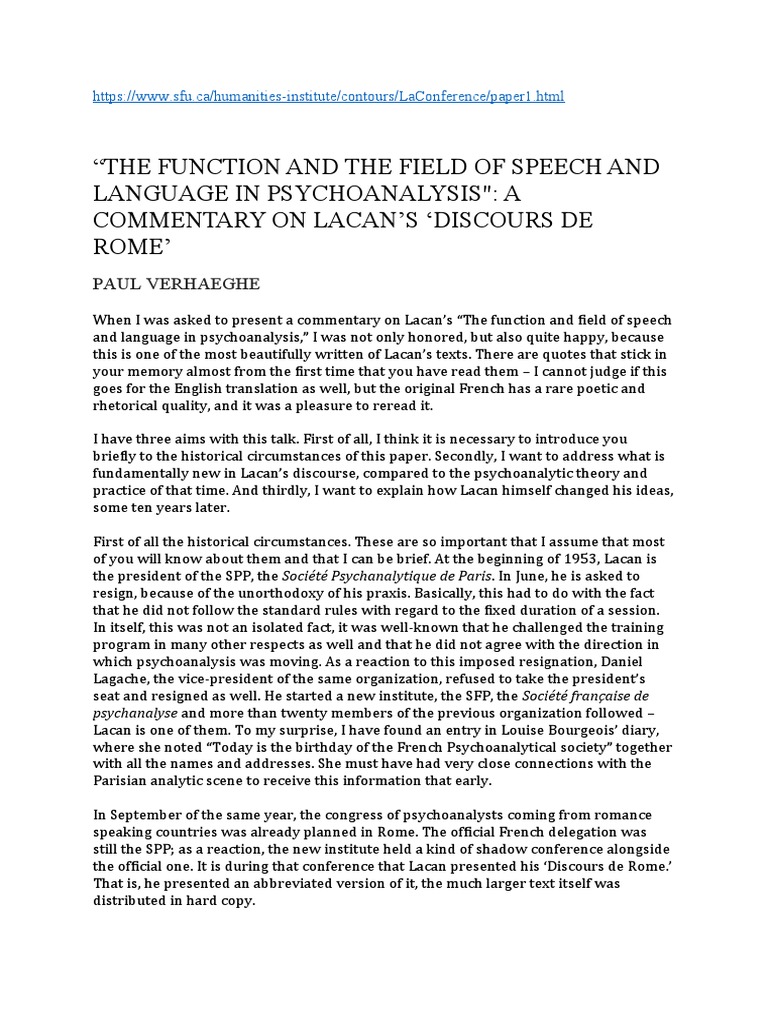 Commentary on Lacan's Rome Discourse | PDF | Jacques Lacan | Psychoanalysis