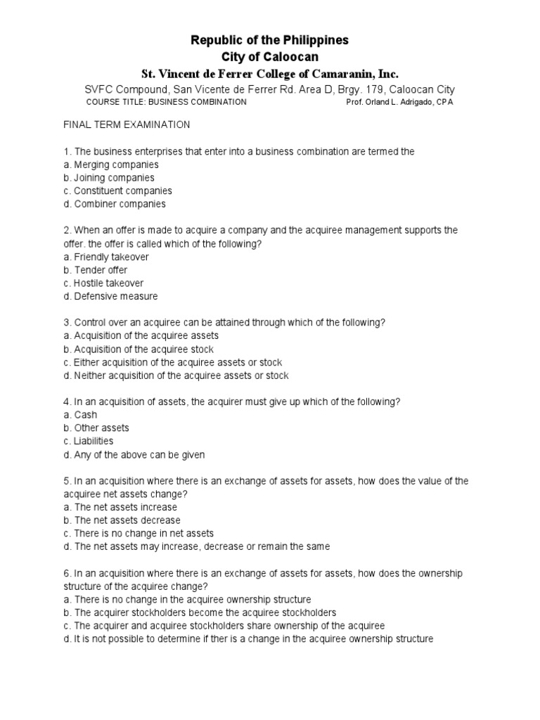 Buscom Final Term Exam | PDF | Mergers And Acquisitions | Equity (Finance)