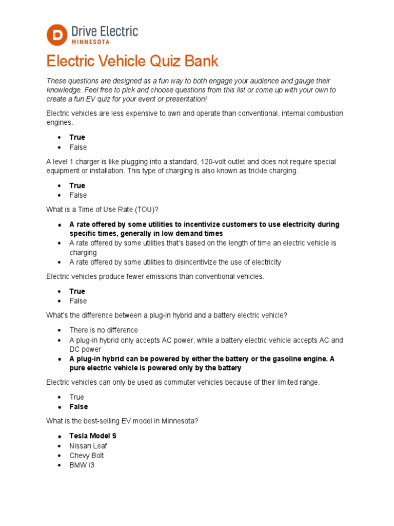 Electric Vehicle Quiz | PDF | Electric Car | Electric Vehicle