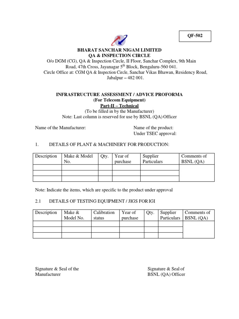 Infrastructure Assessment Proforma for Telecom Equipment Manufacturing ...