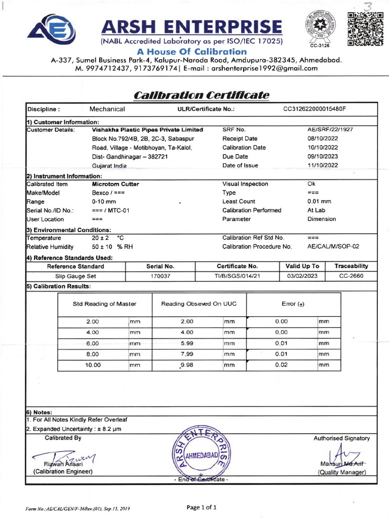 Microtome Calibration Certificate | PDF | Calibration | Science