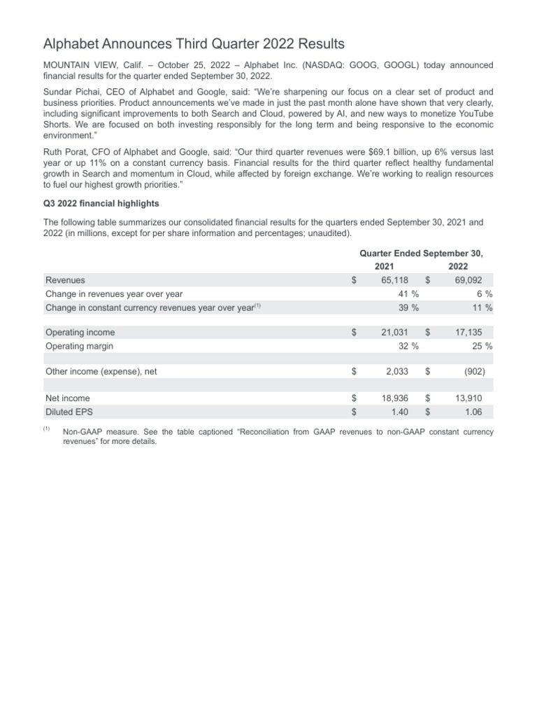 2022Q3 Alphabet Earnings Release | Download Free PDF | Investing | Income