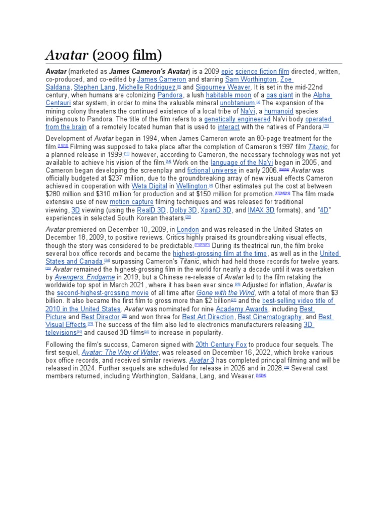 Avatar | PDF | Avatar (2009 Film) | 3 D Film