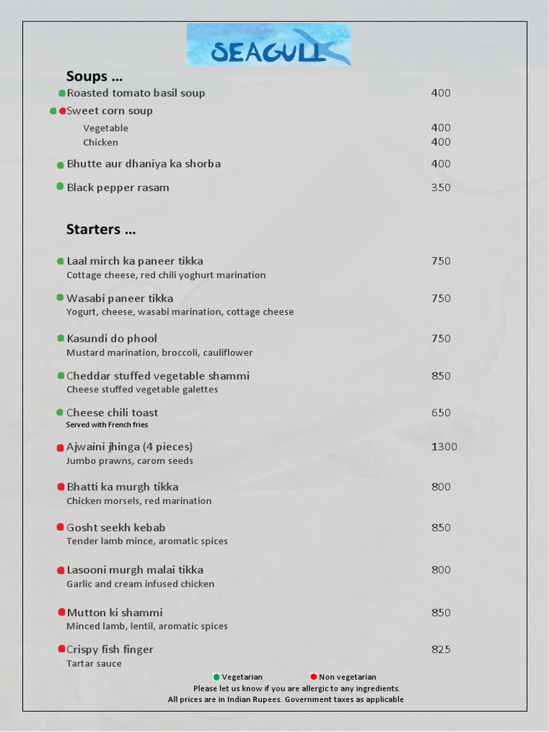 Seagull Menu | PDF | Indian Cuisine | Foods