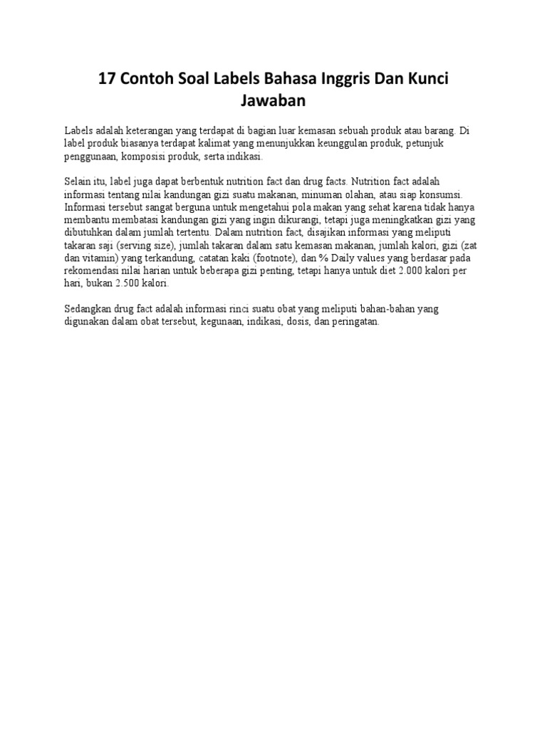 17 Contoh Soal Labels Bahasa Inggris Dan Kunci Jawaban | PDF | Pengembangan Diri | Kesehatan ...