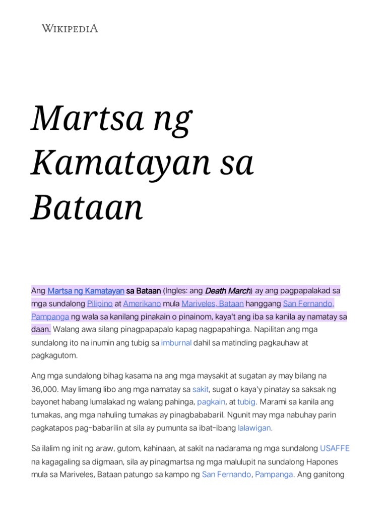 Martsa NG Kamatayan Sa Bataan - Wikipedia, Ang Malayang Ensiklopedya | PDF