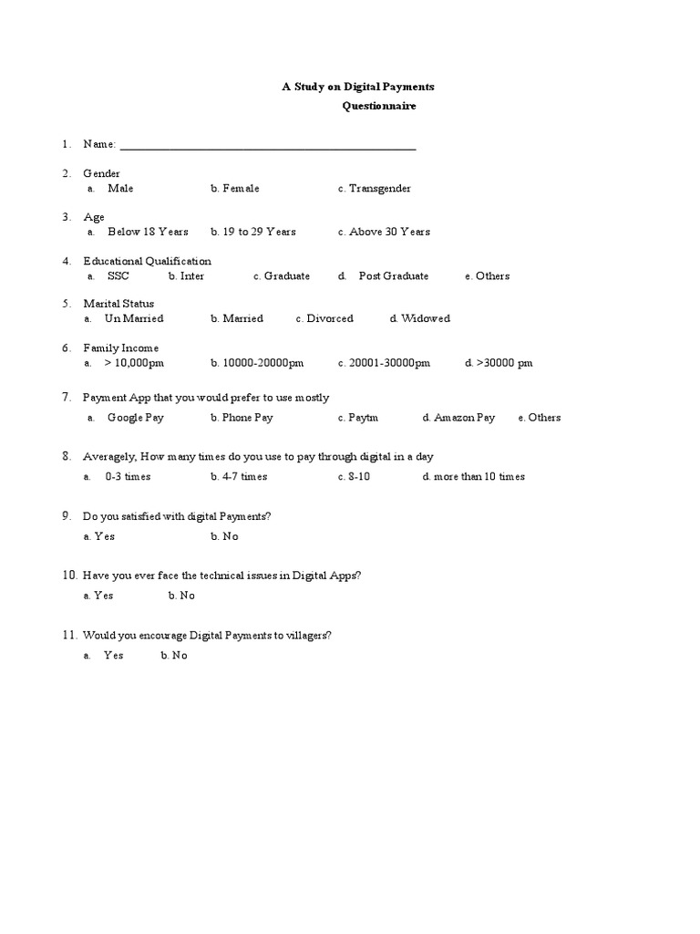 Questionnaire On Awareness On Digital Payments | PDF | Service ...